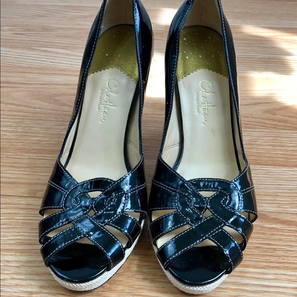 Cole Haan | Shoes | Patent Leather Peep Toe Heel Straw Heel | Poshmark